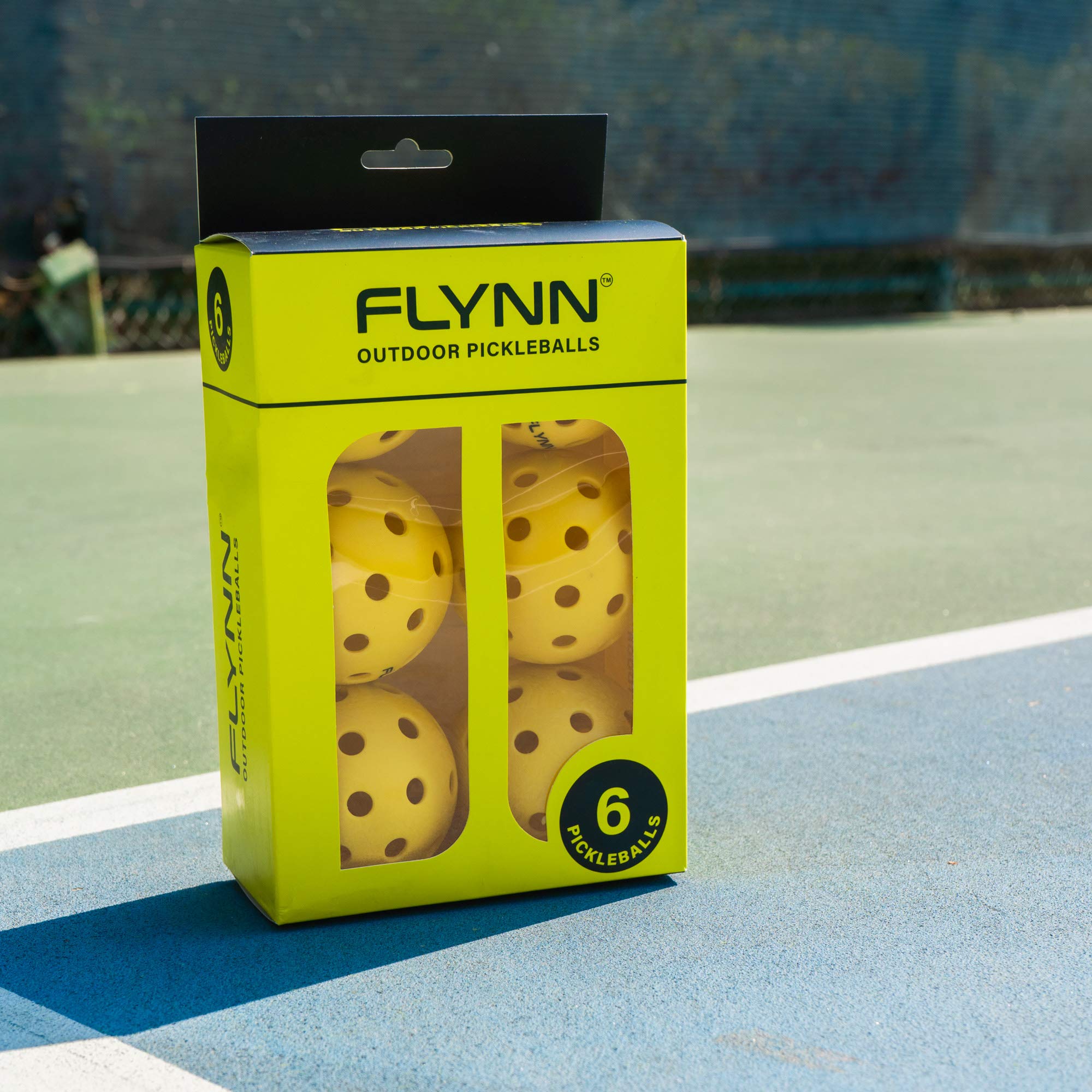 Flynn Outdoor Pickleball Balls – Bright Yellow Durable 40 Hole Pickleballs, Fly True with Consistent Bounce – Convenient 6 Pack, Suitable for Outdoor Pickleball Practice and Match Play.