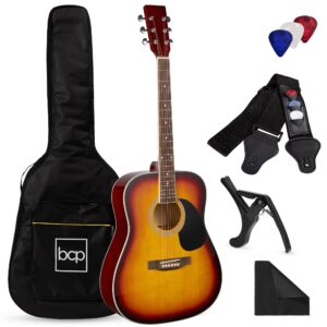 best choice products 41in full size beginner all wood acoustic guitar starter set w/case, strap, capo, strings, picks - sunburst