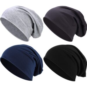 outus 4 pieces thin knit slouchy cap beanies hat unisex hip-hop sleep cap dwarf hat (black, navy blue, dark gray, light gray)