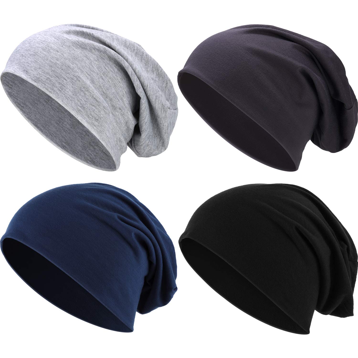 Outus 4 Pieces Thin Knit Slouchy Cap Beanies Hat Unisex Hip-Hop Sleep Cap Dwarf Hat (Black, Navy Blue, Dark Gray, Light Gray)