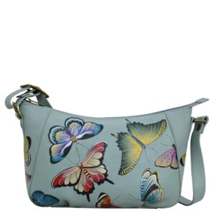 anuschka women’s genuine leather shoulder hobo - hand painted exterior - butterfly heaven