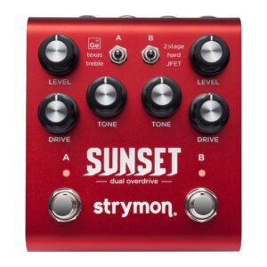 strymon sunset dual overdrive and boost guitar effects pedal for electric and acoustic guitar, synths and keyboards