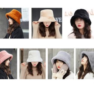 Women Winter Plush Bucket Hat Warm Solid Color Faux Fur Fisherman Cap White