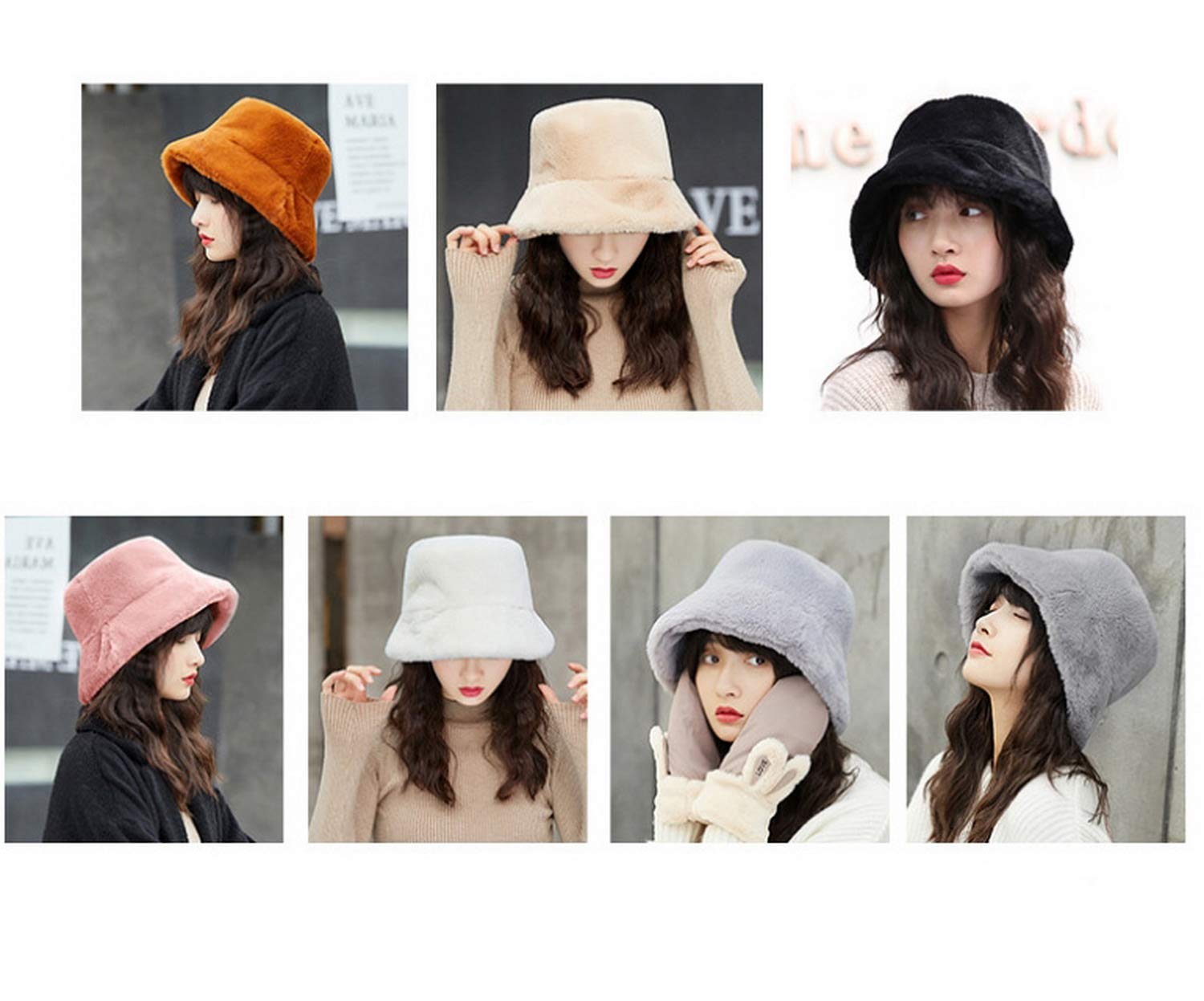 Women Winter Plush Bucket Hat Warm Solid Color Faux Fur Fisherman Cap White