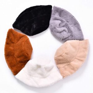 Women Winter Plush Bucket Hat Warm Solid Color Faux Fur Fisherman Cap White