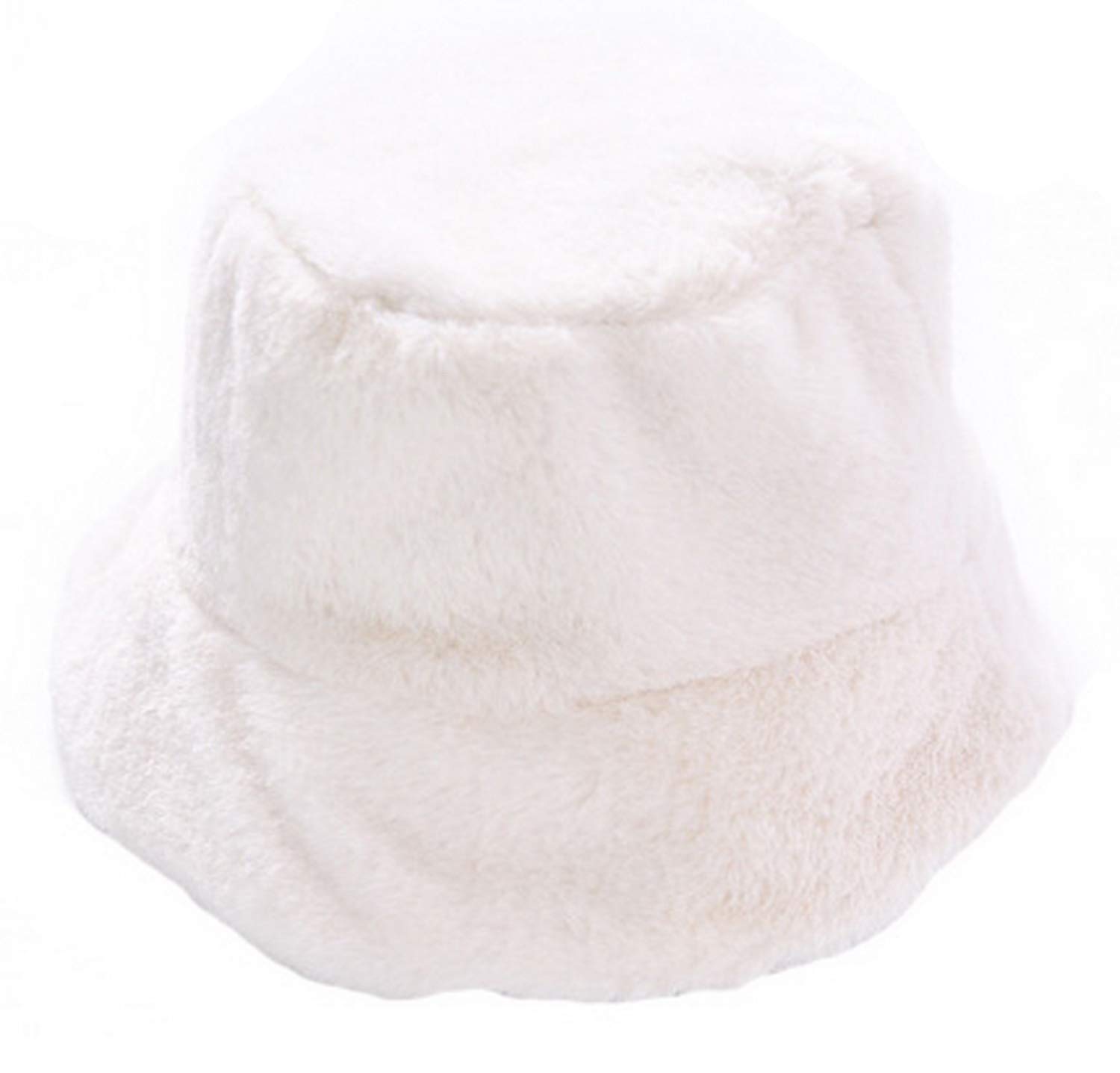 Women Winter Plush Bucket Hat Warm Solid Color Faux Fur Fisherman Cap White