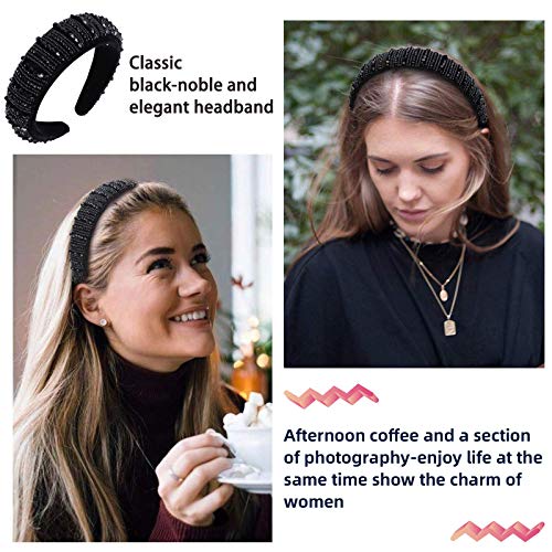 OAOLEER Velvet Padded Diamond Rhinestone Big Headband for Women Black Crystal Embellished Hair Hoop Races Goth Wedding Headpiece Fashion Hair Accessory Suit for Wedding,Party,and Daily Life