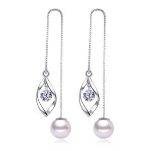 elegant 925 sterling silver threader tassel earrings pearl ball drop long chain earrings wedding for women and girls