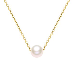 solid 14k gold pearl necklace for women, sliding pearl design, real 7.5mm freshwater cultured pearl pendant necklace love jewelry gift for her, mom, wife, girl 16"-18"