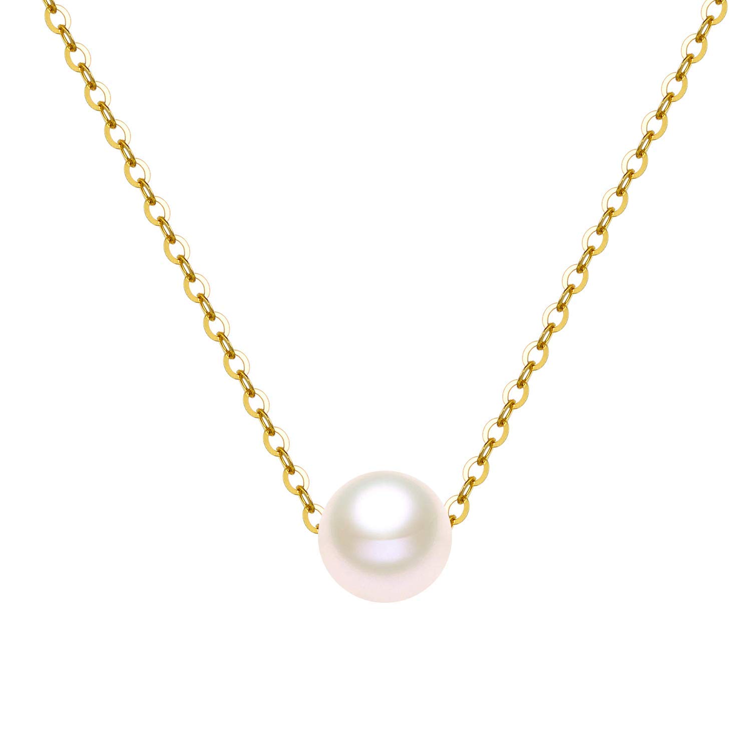 Solid 14K Gold Pearl Necklace for Women, Sliding pearl design, Real 7.5mm Freshwater Cultured Pearl Pendant Necklace Love Jewelry Gift for Her, Mom, Wife, Girl 16"-18"