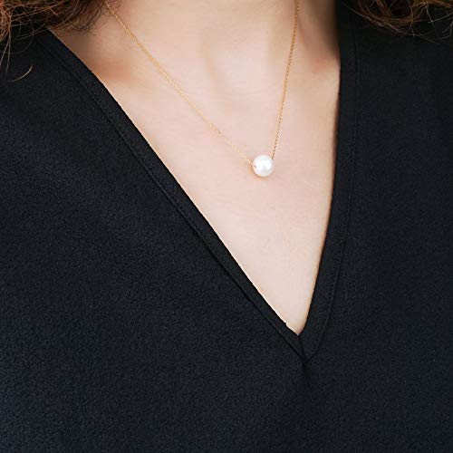 Solid 14K Gold Pearl Necklace for Women, Sliding pearl design, Real 7.5mm Freshwater Cultured Pearl Pendant Necklace Love Jewelry Gift for Her, Mom, Wife, Girl 16"-18"