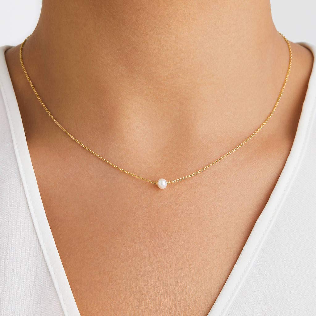 Solid 14K Gold Pearl Necklace for Women, Sliding pearl design, Real 7.5mm Freshwater Cultured Pearl Pendant Necklace Love Jewelry Gift for Her, Mom, Wife, Girl 16"-18"