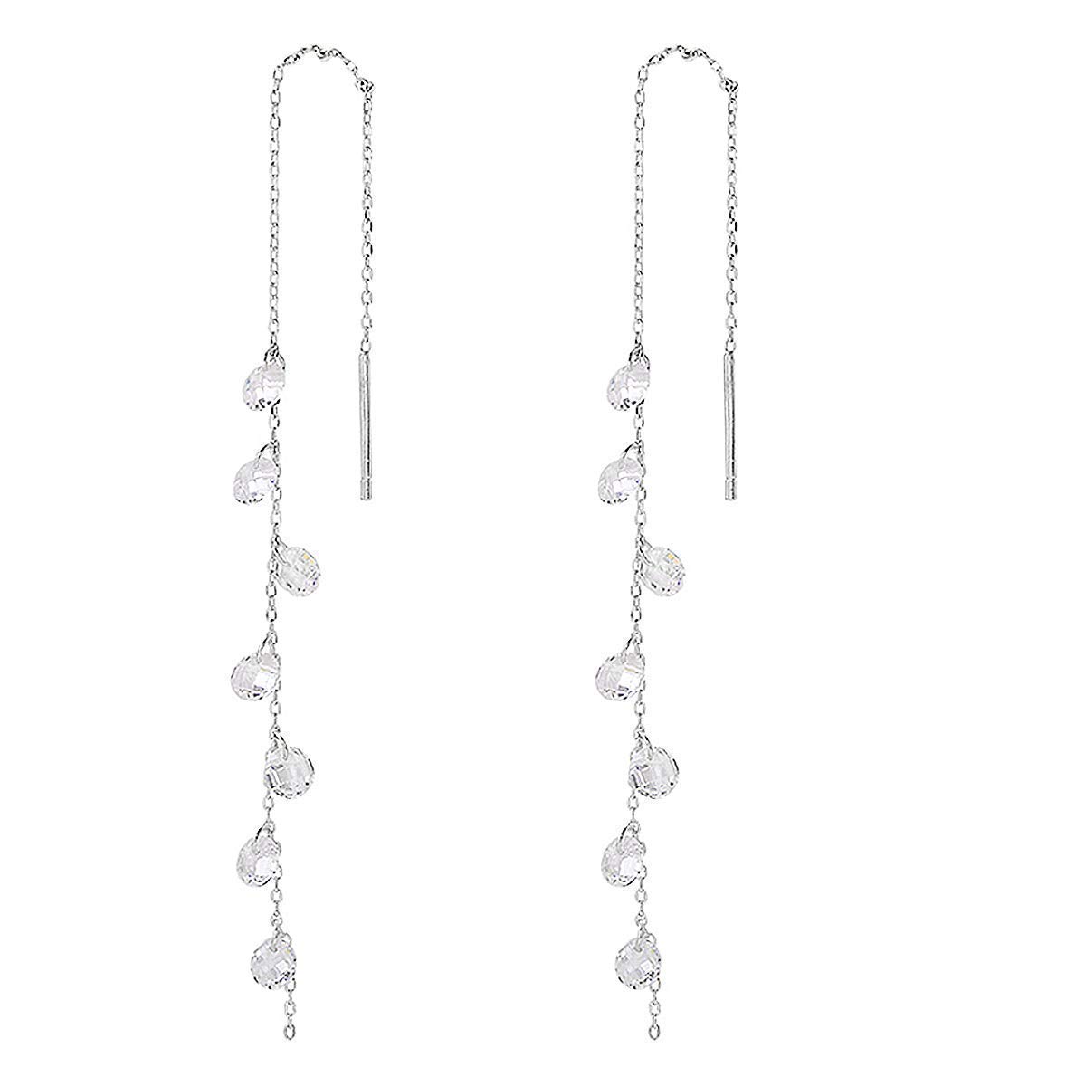 925 Sterling Silver Tassel Drop Earrings Long CZ Droplet Dangle Threader Earrings for Women (Silver)