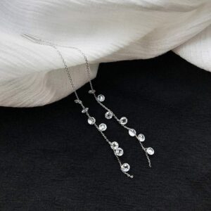 925 Sterling Silver Tassel Drop Earrings Long CZ Droplet Dangle Threader Earrings for Women (Silver)