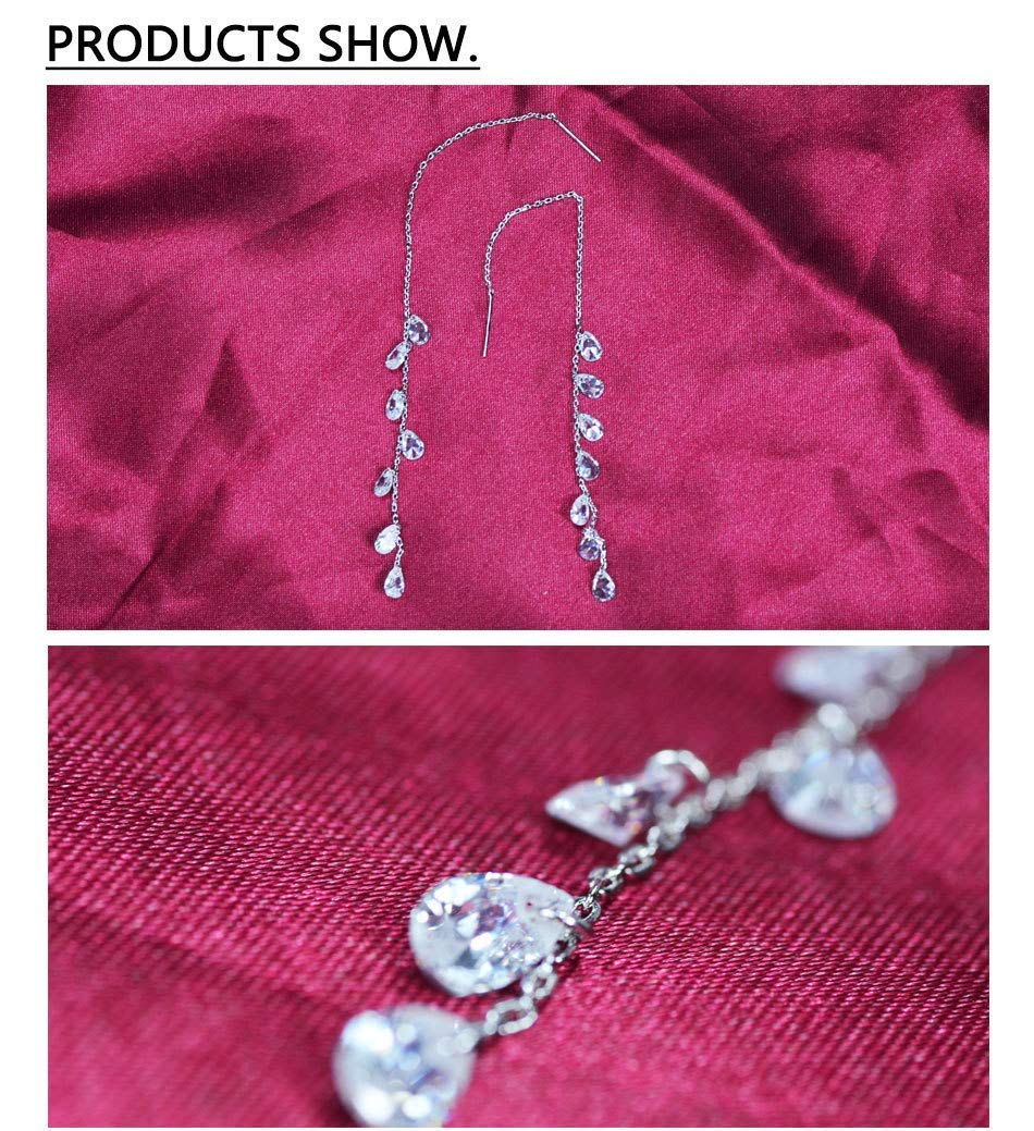 925 Sterling Silver Tassel Drop Earrings Long CZ Droplet Dangle Threader Earrings for Women (Silver)