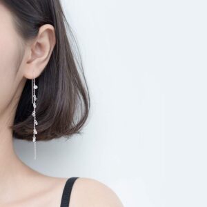 925 Sterling Silver Tassel Drop Earrings Long CZ Droplet Dangle Threader Earrings for Women (Silver)