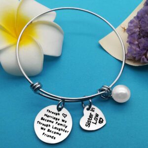 Nekoki for Sister in Law Gifts Through Marriage We Became Family Through Laughter We Became Friends Bangle Bracelet Wedding Gifts Mothers Day Christmas Birthday Gifts for Sister in Law