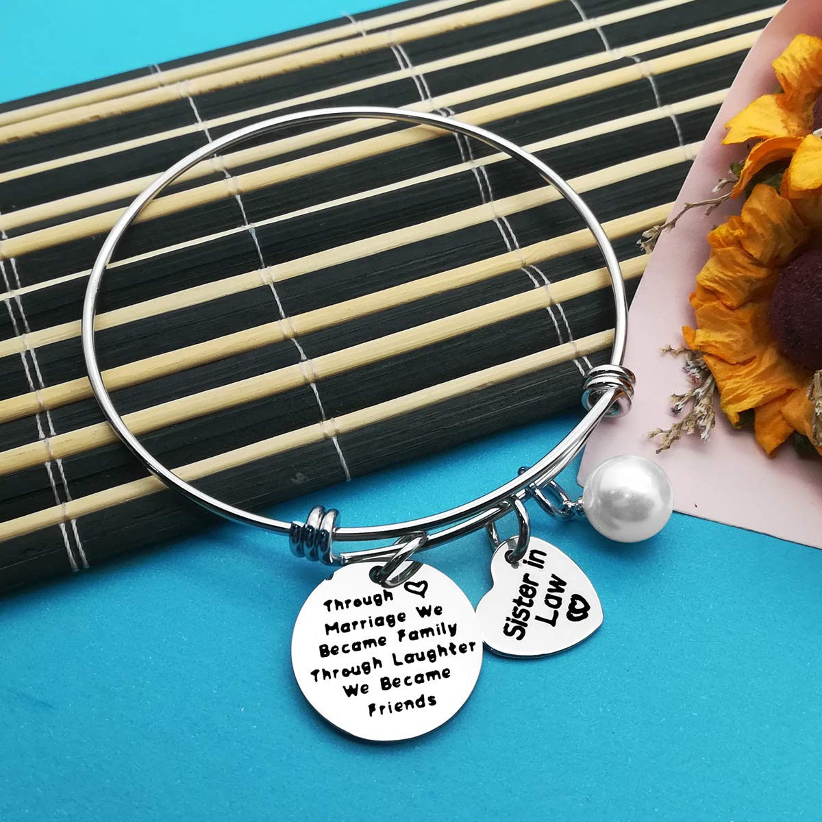 Nekoki for Sister in Law Gifts Through Marriage We Became Family Through Laughter We Became Friends Bangle Bracelet Wedding Gifts Mothers Day Christmas Birthday Gifts for Sister in Law