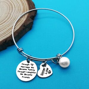 Nekoki for Sister in Law Gifts Through Marriage We Became Family Through Laughter We Became Friends Bangle Bracelet Wedding Gifts Mothers Day Christmas Birthday Gifts for Sister in Law