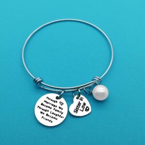 Nekoki for Sister in Law Gifts Through Marriage We Became Family Through Laughter We Became Friends Bangle Bracelet Wedding Gifts Mothers Day Christmas Birthday Gifts for Sister in Law