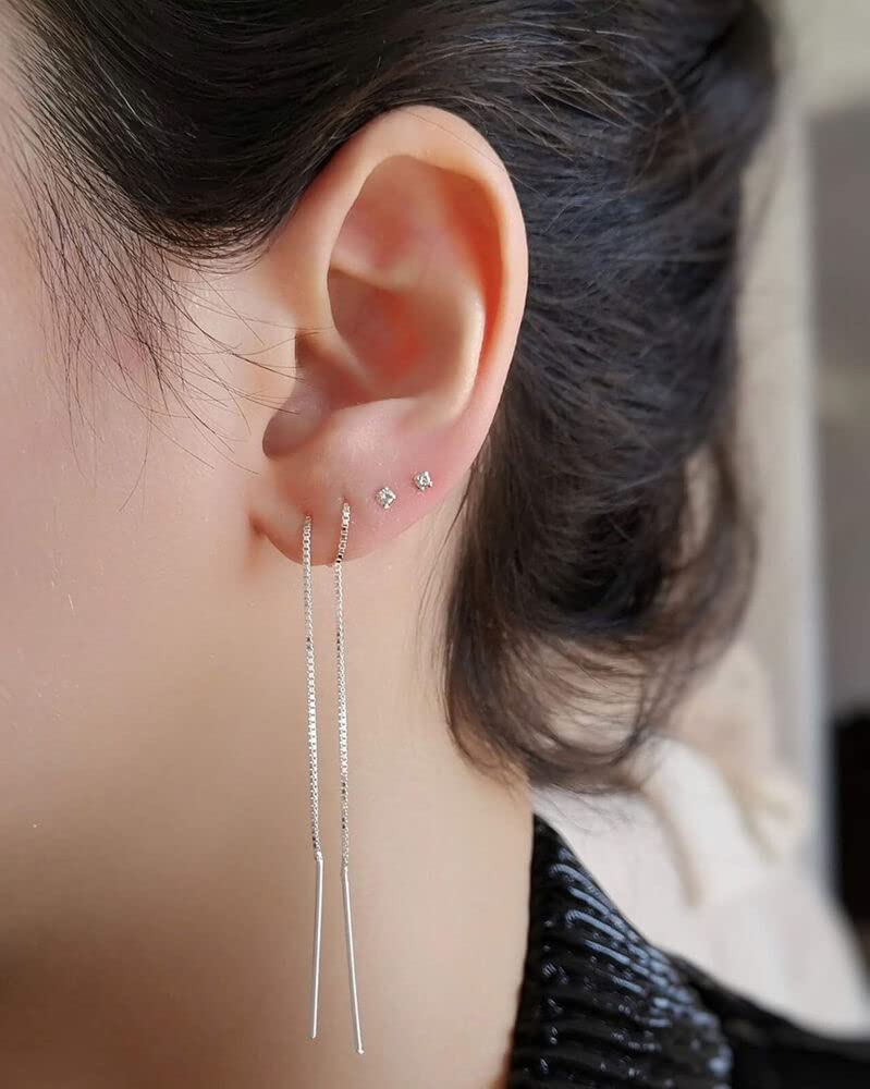 A Pair 925 Sterling Silver Tassel Threader Drop Earrings Long Chain Ear Line