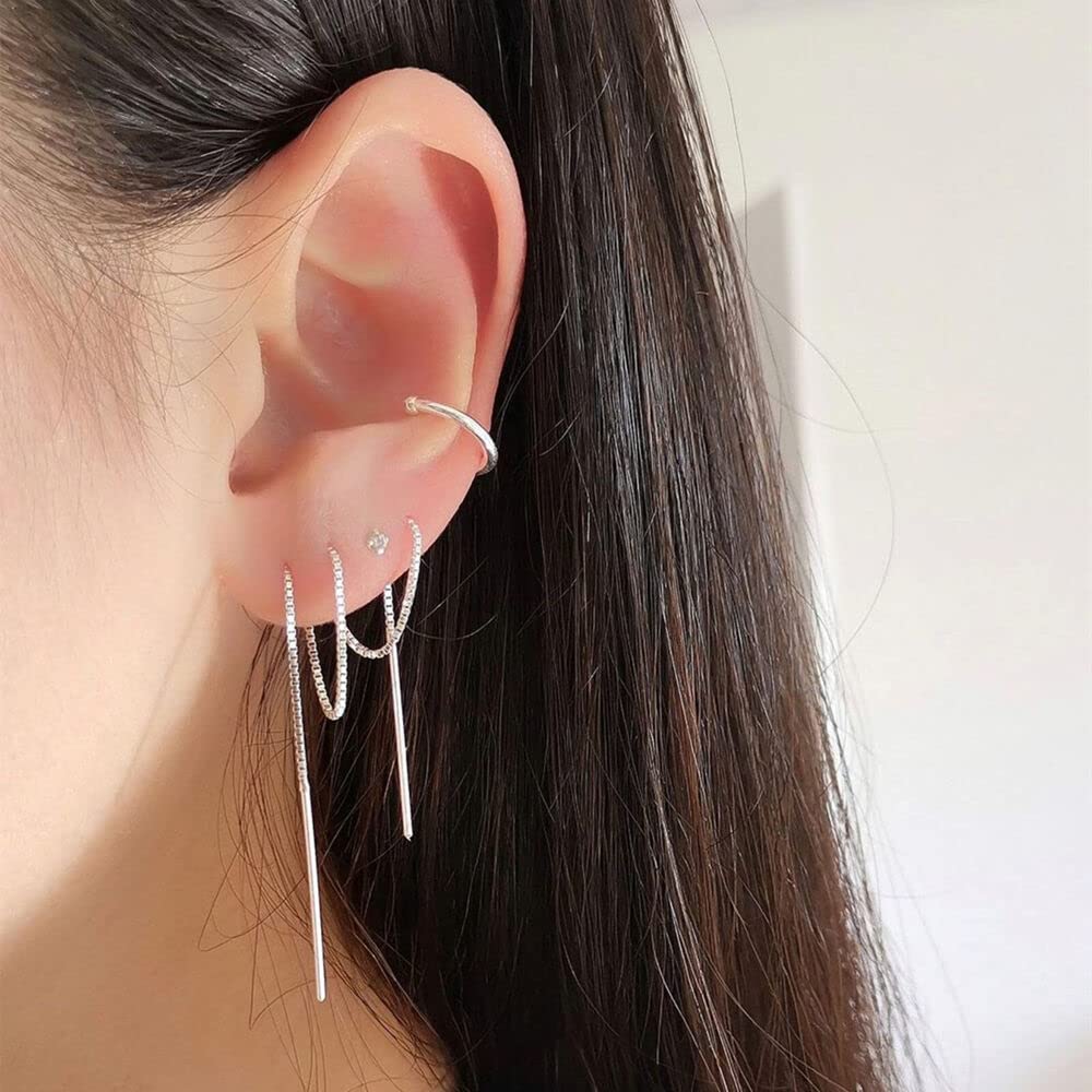 A Pair 925 Sterling Silver Tassel Threader Drop Earrings Long Chain Ear Line