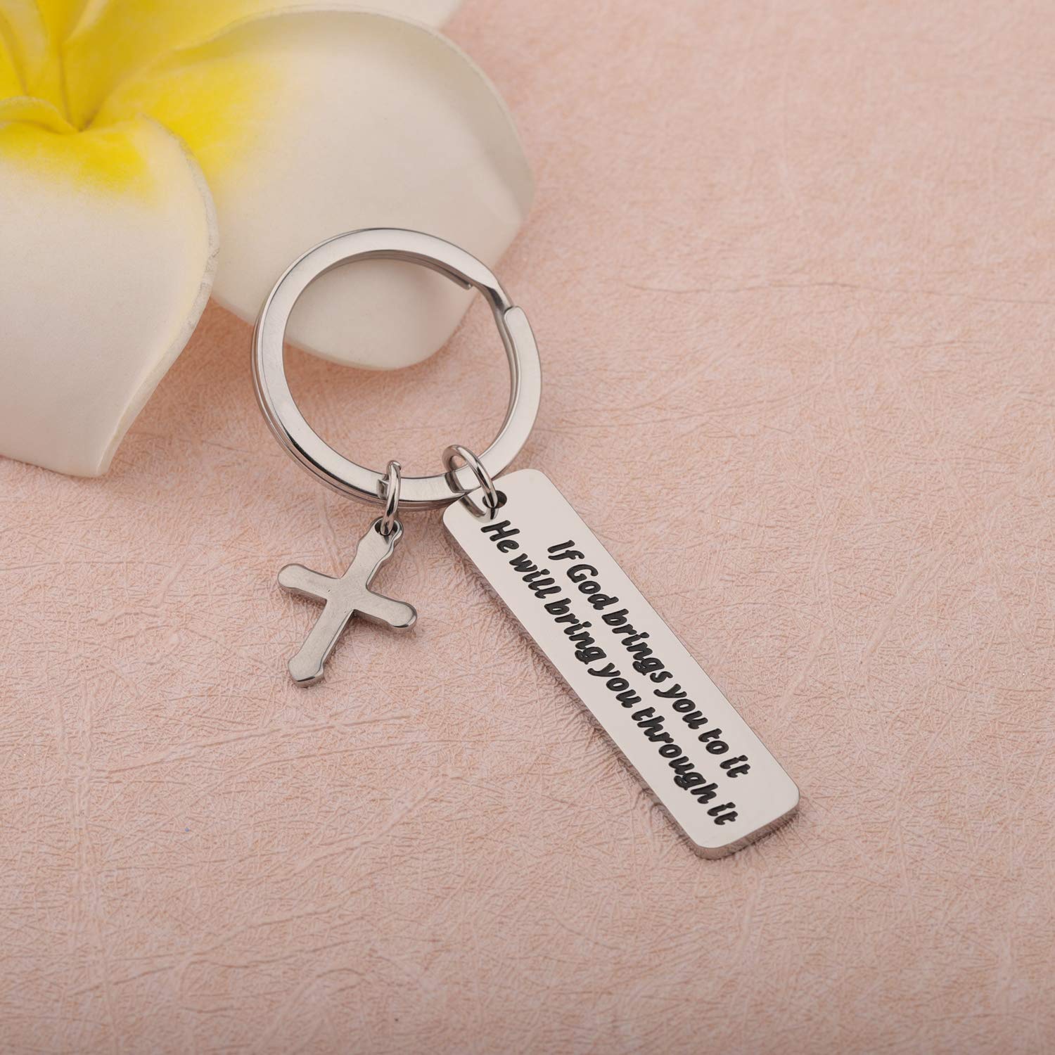 HOLLP Religious Jewelry Christian Gift If God Brings You to It He Will Bring You Through It Keychain Cross Charm Jewelry God Prayer Jewelry (Keychain)