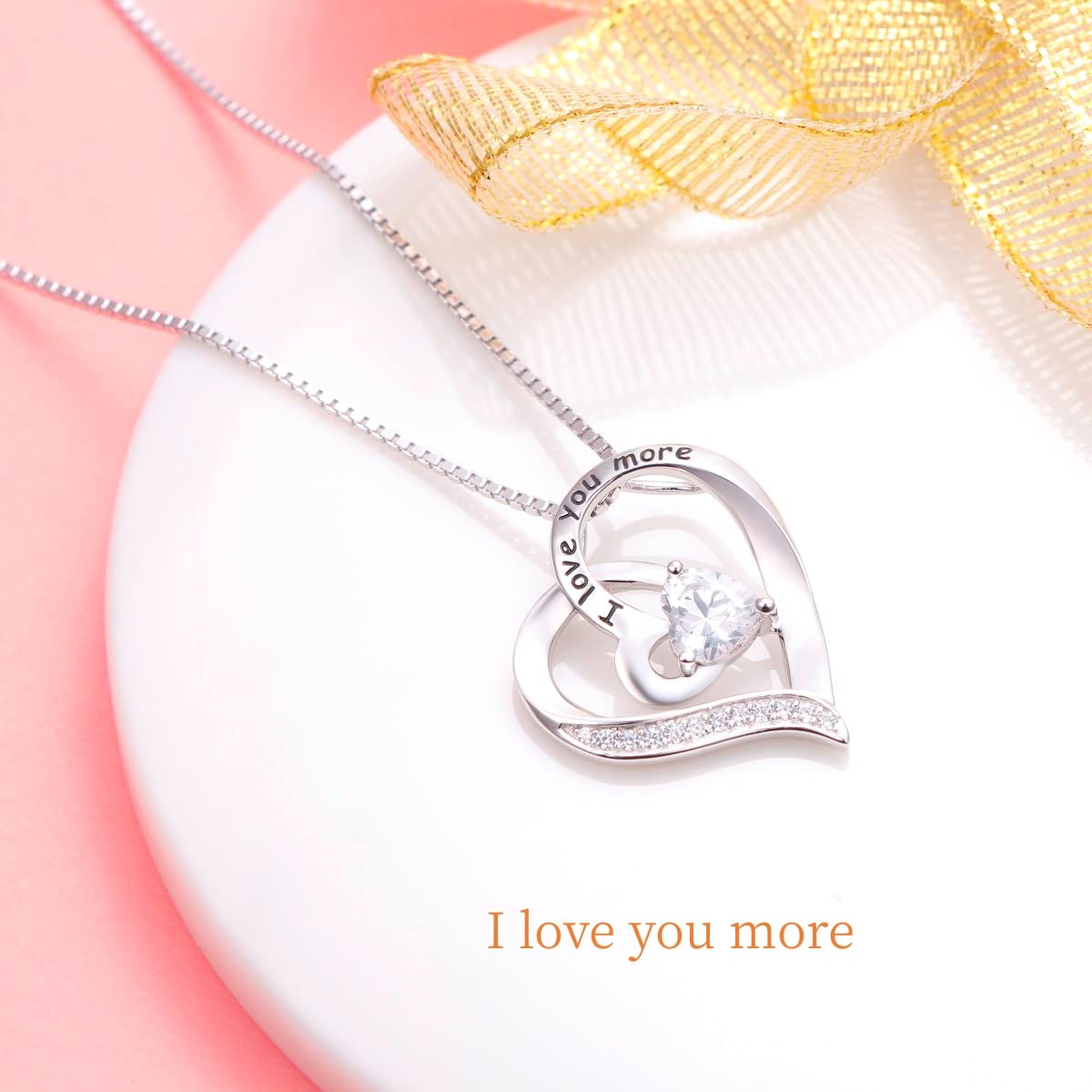 FLYOW I Love You More Heart Necklace for Women Sterling Silver CZ Pendant 18 Inch, Best Valentine's Day Jewelry Gifts (I Love You More)