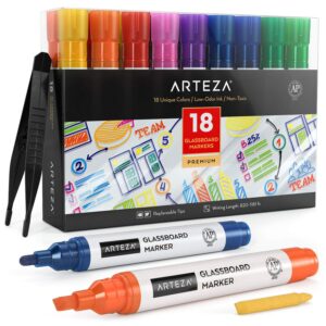 arteza glass board markers, pack of 18, 10 classic and 8 neon colors for whiteboards and windows, erasable dry erase markers, office, school supplies