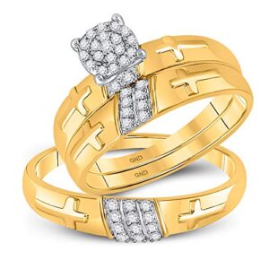 solid 10k yellow gold his and hers round diamond cross matching couple three rings bridal engagement ring wedding bands set 1/4 ct. - (l = 5.5, m = 8.5)