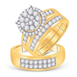 solid 14k yellow gold his and hers round diamond cluster matching couple three rings bridal engagement ring wedding bands set 1-7/8 ct. - (l = 6.5, m = 8)