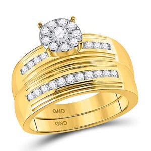 Solid 10k Yellow Gold His and Hers Round Diamond Solitaire Matching Couple Three Rings Bridal Engagement Ring Wedding Bands Set 1.00 Ct. - (L = 8.5, M = 11)