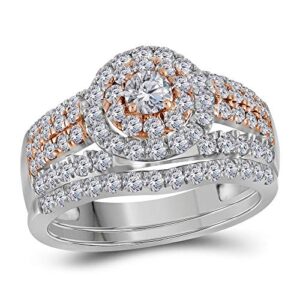 solid 14k white gold round diamond double halo rose-tone bridal wedding engagement ring band set 1.50 ct. - size 8.5