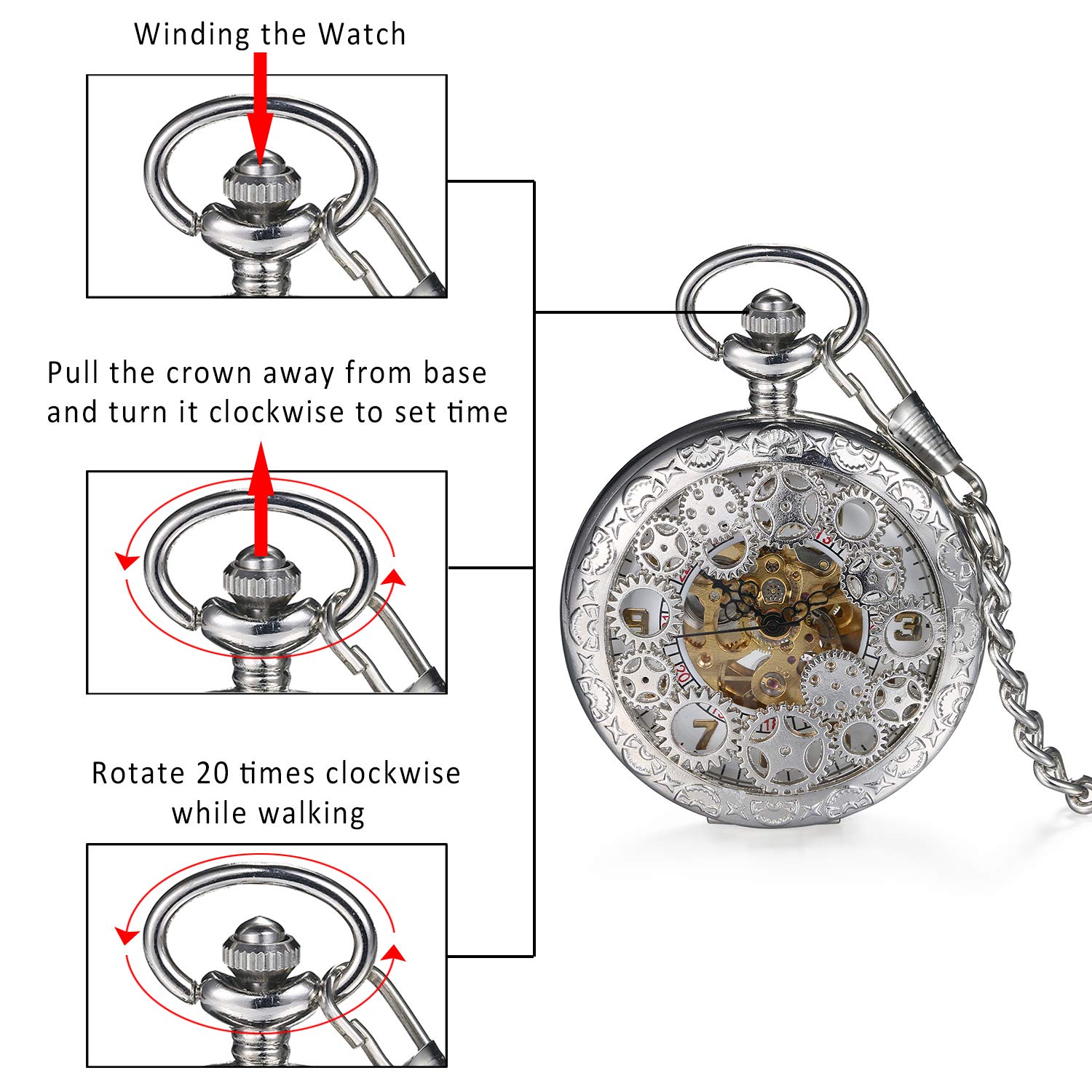 Avaner Steampunk Retro Half Hunter Copper Gear Skeleton Hand Wind Mechanical Roman/Arabic Numeral Analog Display Pocket Watch with 14" Chain (Silver)