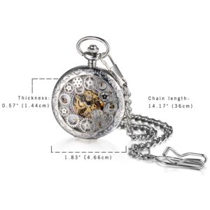 Avaner Steampunk Retro Half Hunter Copper Gear Skeleton Hand Wind Mechanical Roman/Arabic Numeral Analog Display Pocket Watch with 14" Chain (Silver)