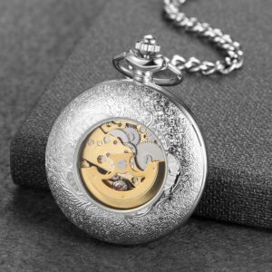 Avaner Steampunk Retro Half Hunter Copper Gear Skeleton Hand Wind Mechanical Roman/Arabic Numeral Analog Display Pocket Watch with 14" Chain (Silver)