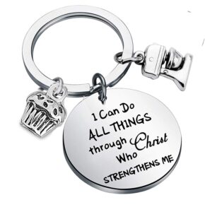 lqri baker gift pastry chef gift i can do all things through christ who strengthens me keychain baking gift culinary student graduation gift (sliver)