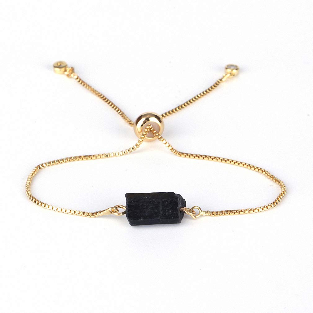 Hynsin Natural Rough Black Tourmaline Mineral Healing Calm Energy Stone Bead Adjustable Silver Dainty Link Bracelets for Women Hematite Black Chain