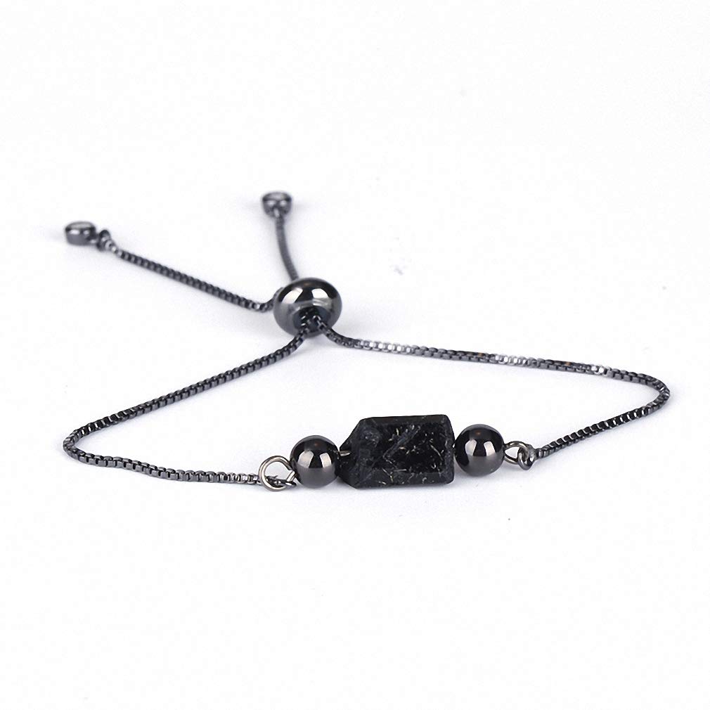 Hynsin Natural Rough Black Tourmaline Mineral Healing Calm Energy Stone Bead Adjustable Silver Dainty Link Bracelets for Women Hematite Black Chain