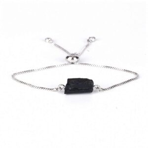 Hynsin Natural Rough Black Tourmaline Mineral Healing Calm Energy Stone Bead Adjustable Silver Dainty Link Bracelets for Women Hematite Black Chain