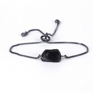 Hynsin Natural Rough Black Tourmaline Mineral Healing Calm Energy Stone Bead Adjustable Silver Dainty Link Bracelets for Women Hematite Black Chain