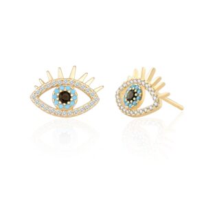 pearlada 18k gold evil eye stud earrings dainty micro-inlaid cubic zirconia earring for women handmade post jewelry fashion blue gemstone pushback earrings for christmas gift