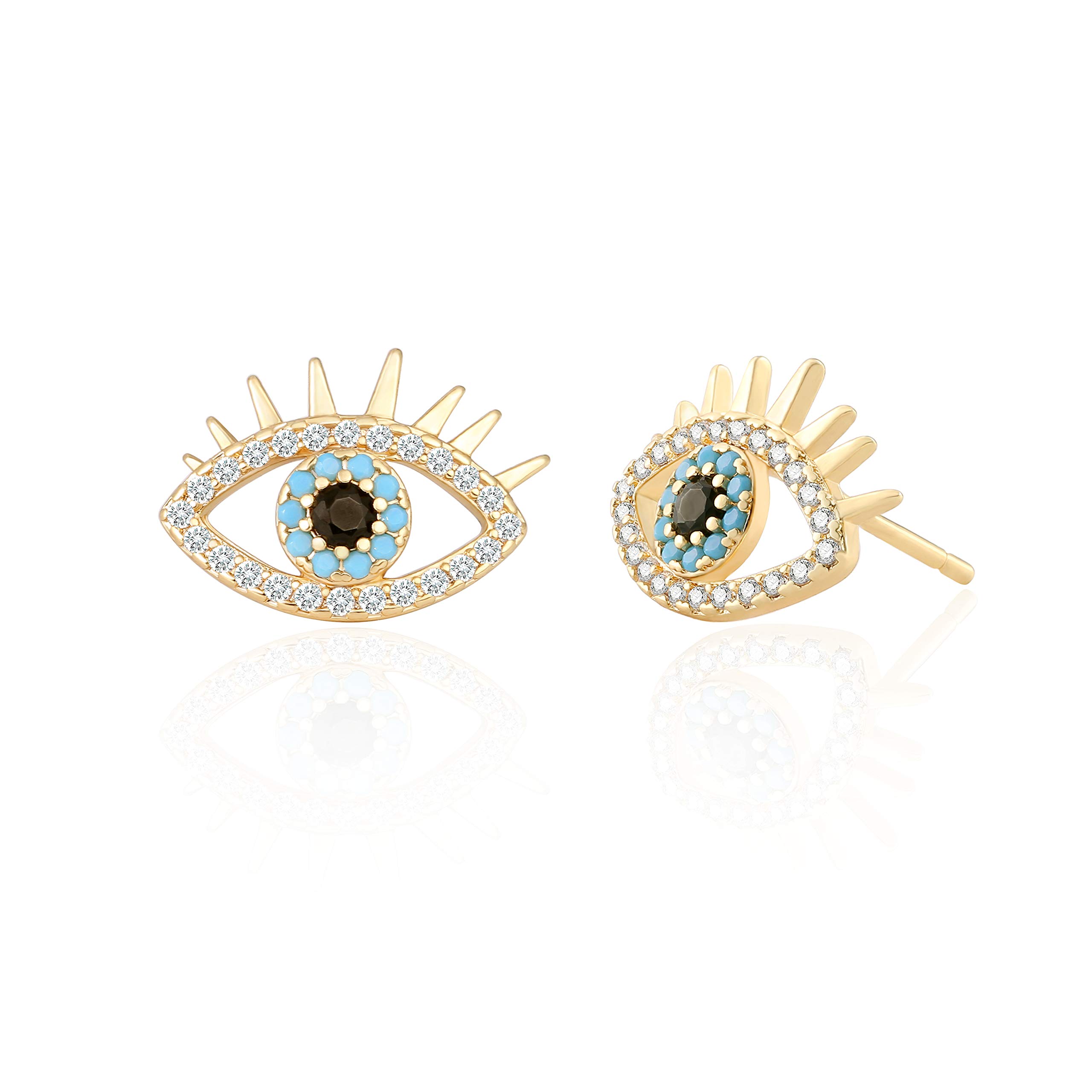 PEARLADA 18K Gold Evil Eye Stud Earrings Dainty Micro-inlaid Cubic Zirconia Earring for Women Handmade Post Jewelry Fashion Blue Gemstone Pushback Earrings for Christmas Gift