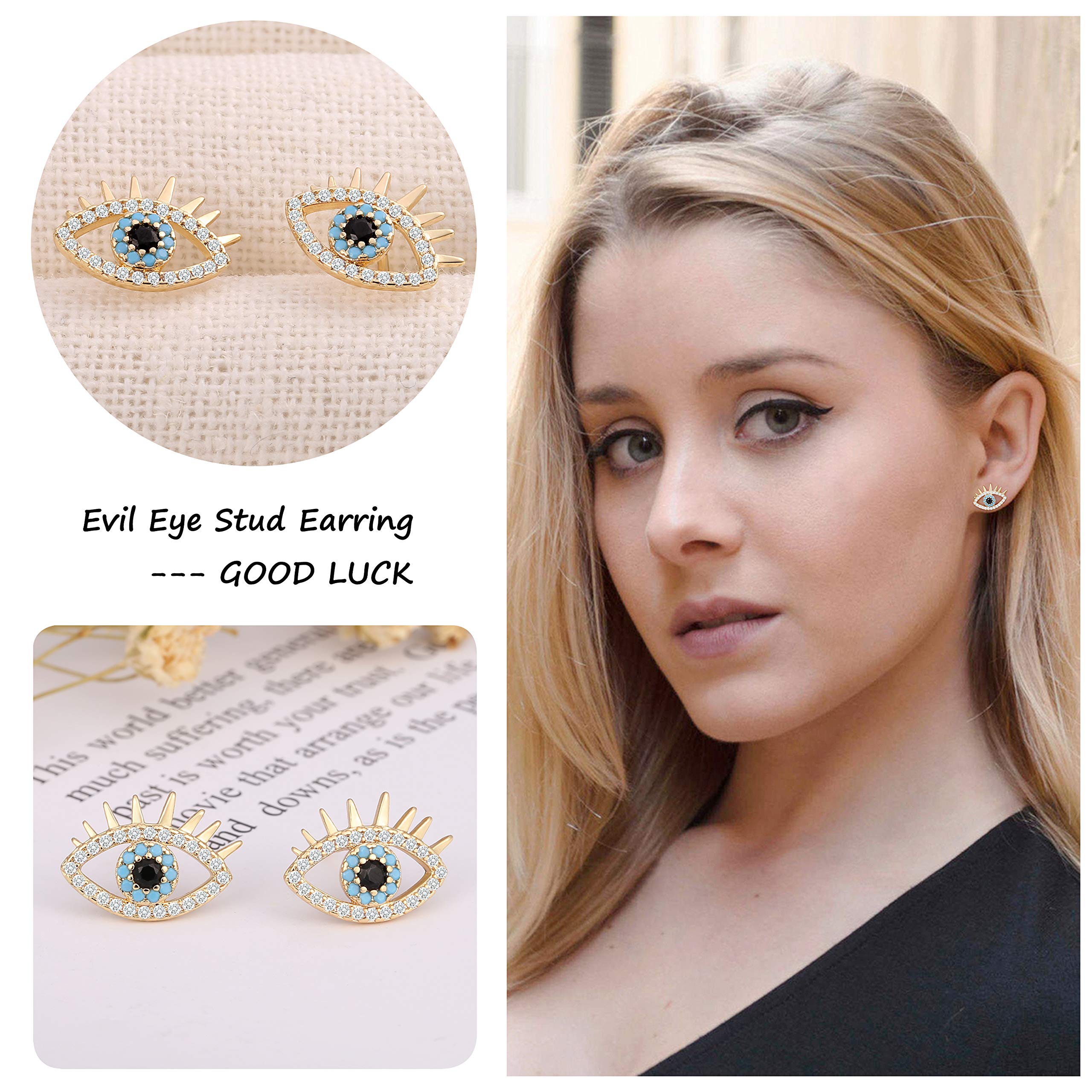 PEARLADA 18K Gold Evil Eye Stud Earrings Dainty Micro-inlaid Cubic Zirconia Earring for Women Handmade Post Jewelry Fashion Blue Gemstone Pushback Earrings for Christmas Gift