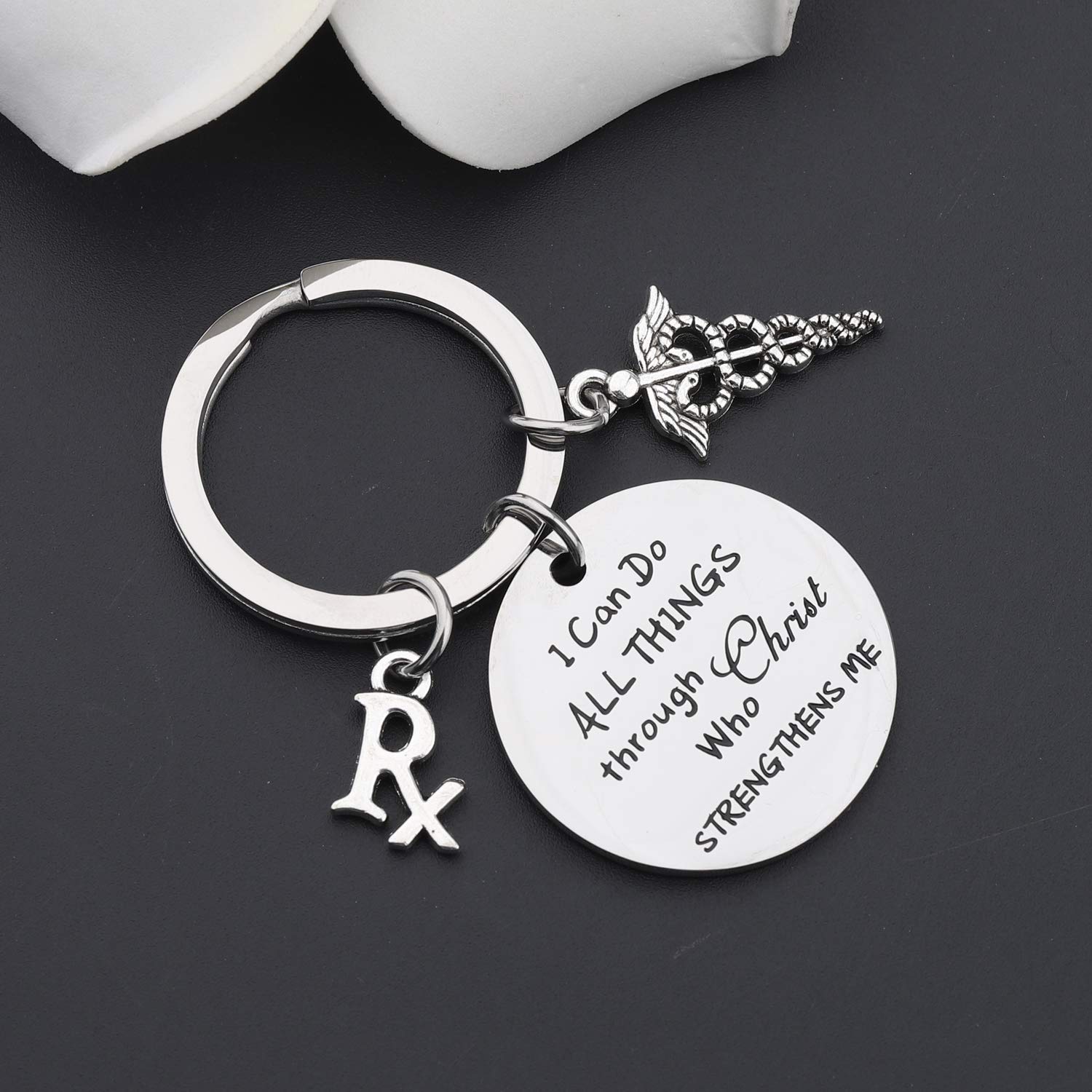 LQRI Rx Pharmacist Pharmacy Keychain Rx Symbol Rx Gift I Can Do All Things Through Christ Who Strengthens Me Keychain Pharmacy Technician Gift Rx Graduation Gift (sliver)