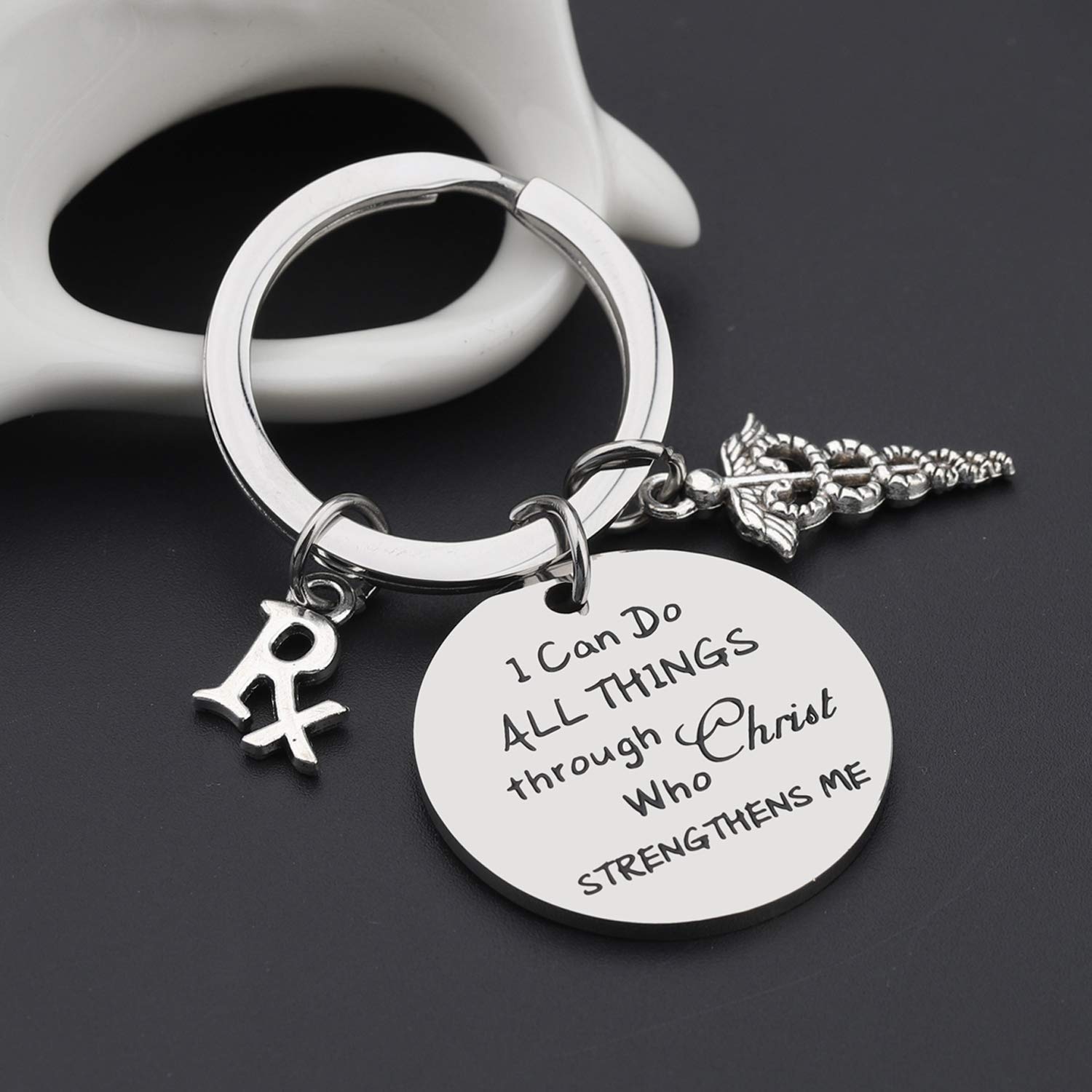 LQRI Rx Pharmacist Pharmacy Keychain Rx Symbol Rx Gift I Can Do All Things Through Christ Who Strengthens Me Keychain Pharmacy Technician Gift Rx Graduation Gift (sliver)