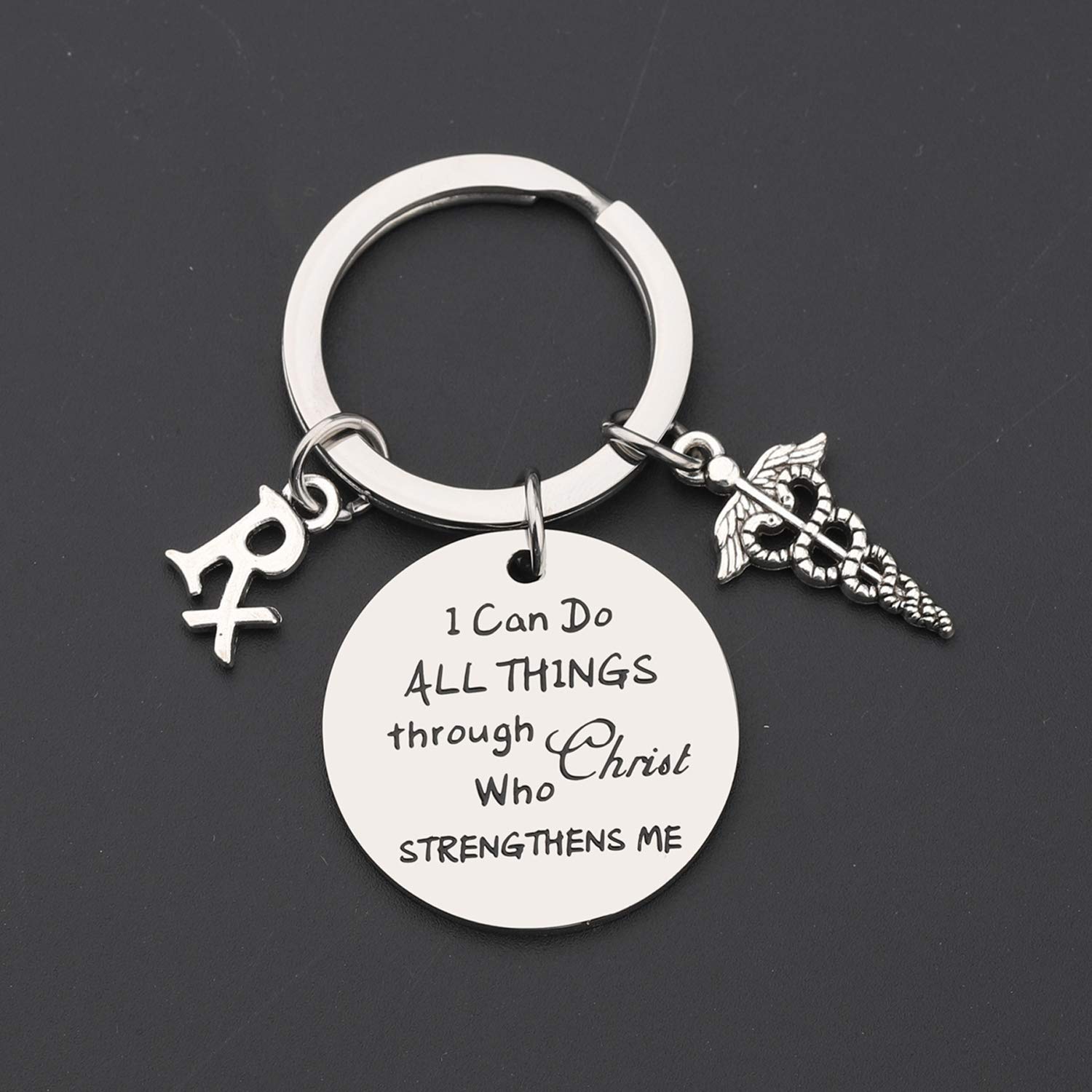 LQRI Rx Pharmacist Pharmacy Keychain Rx Symbol Rx Gift I Can Do All Things Through Christ Who Strengthens Me Keychain Pharmacy Technician Gift Rx Graduation Gift (sliver)