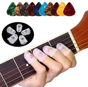 guitar fingertip protectors - 40 pcs silicone guitar finger guards protection covers caps for guitar ukulele bass, sewing and embroidery (5 sizes) (transparent)