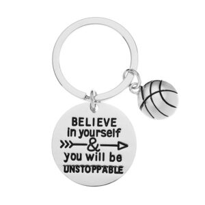 sportybella basketball keychain, basketball player gifts, believe in yourself & you will be unstoppable keychain for men and women