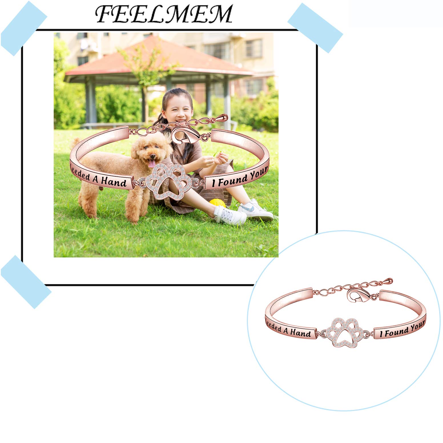 FEELMEM Dog Lover Gift Crystal Paw Print Charm When I Needed A Hand I Found Your Paw Bar Bracelet Gift for Dog Owner Dog Mom (rose gold)